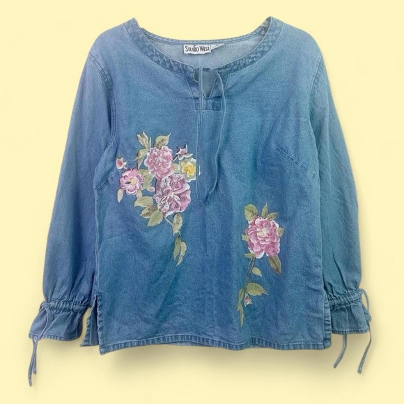 Vintage | Tops | Vintage 9s Blue Denim Floral Long Sleeve Keyhole Boho ...